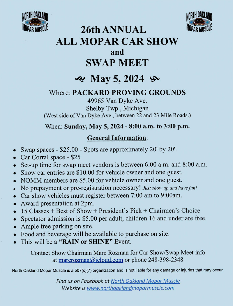 26th Annual All Mopar Car Show & Swap Meet - Packard Proving Grounds ...